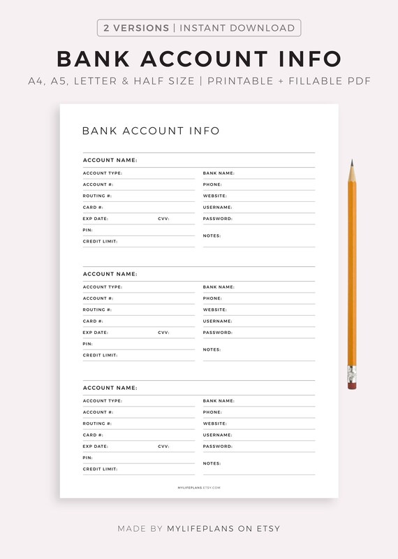 Bank Account Information Tracker Printable Ban Account Log - Etsy Canada