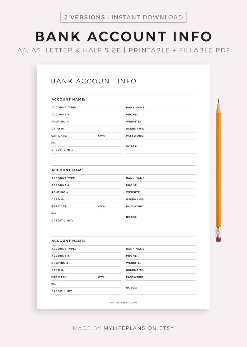Bank Account Information Tracker Printable Bank Account Log - Etsy