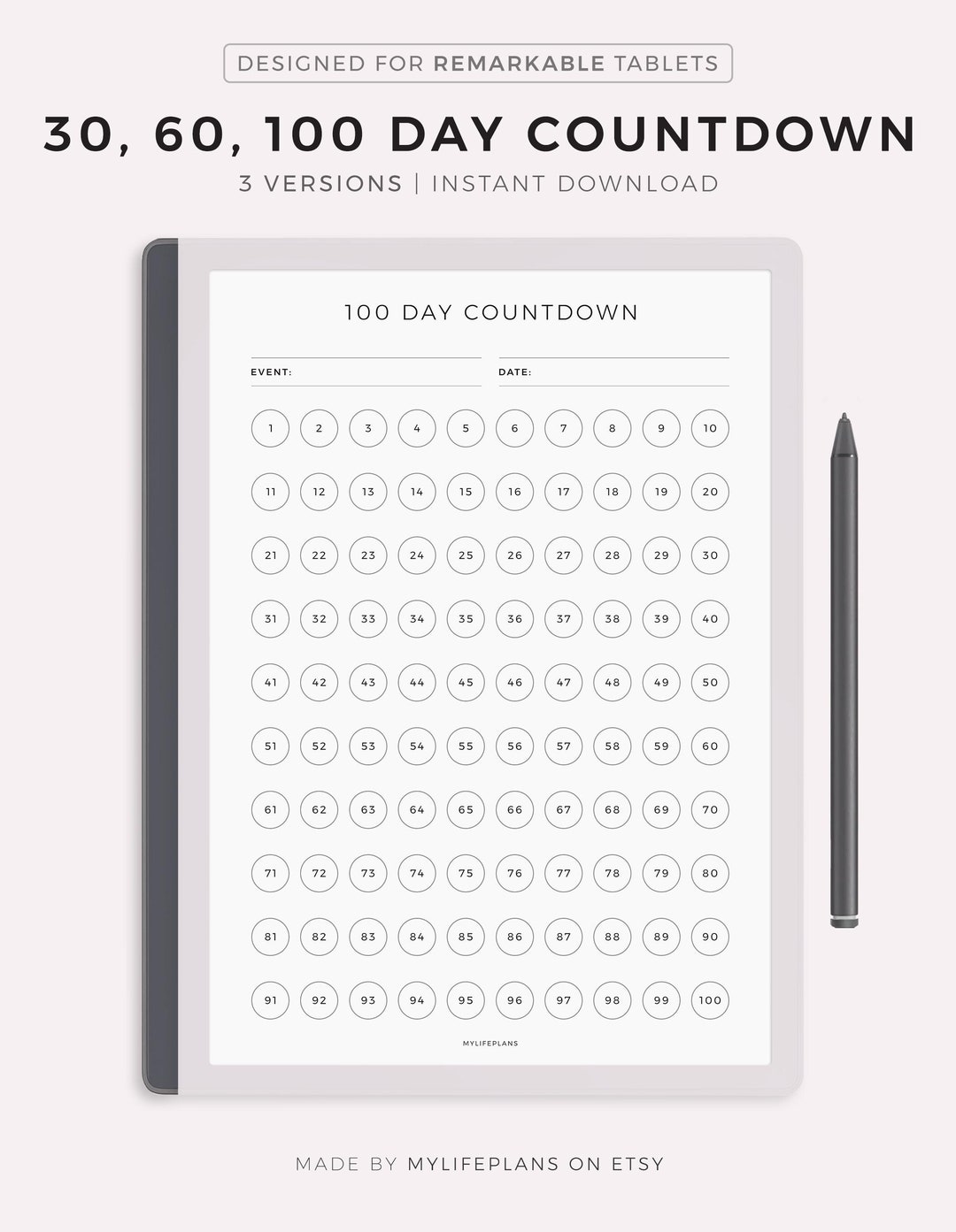 30, 60, 100 Day Countdown Tracker to Vacation, Birthday, Wedding, New ...
