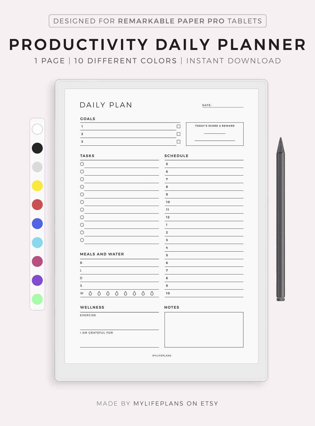 Productivity Daily Planner for Remarkable Paper Pro, Instant Download ...