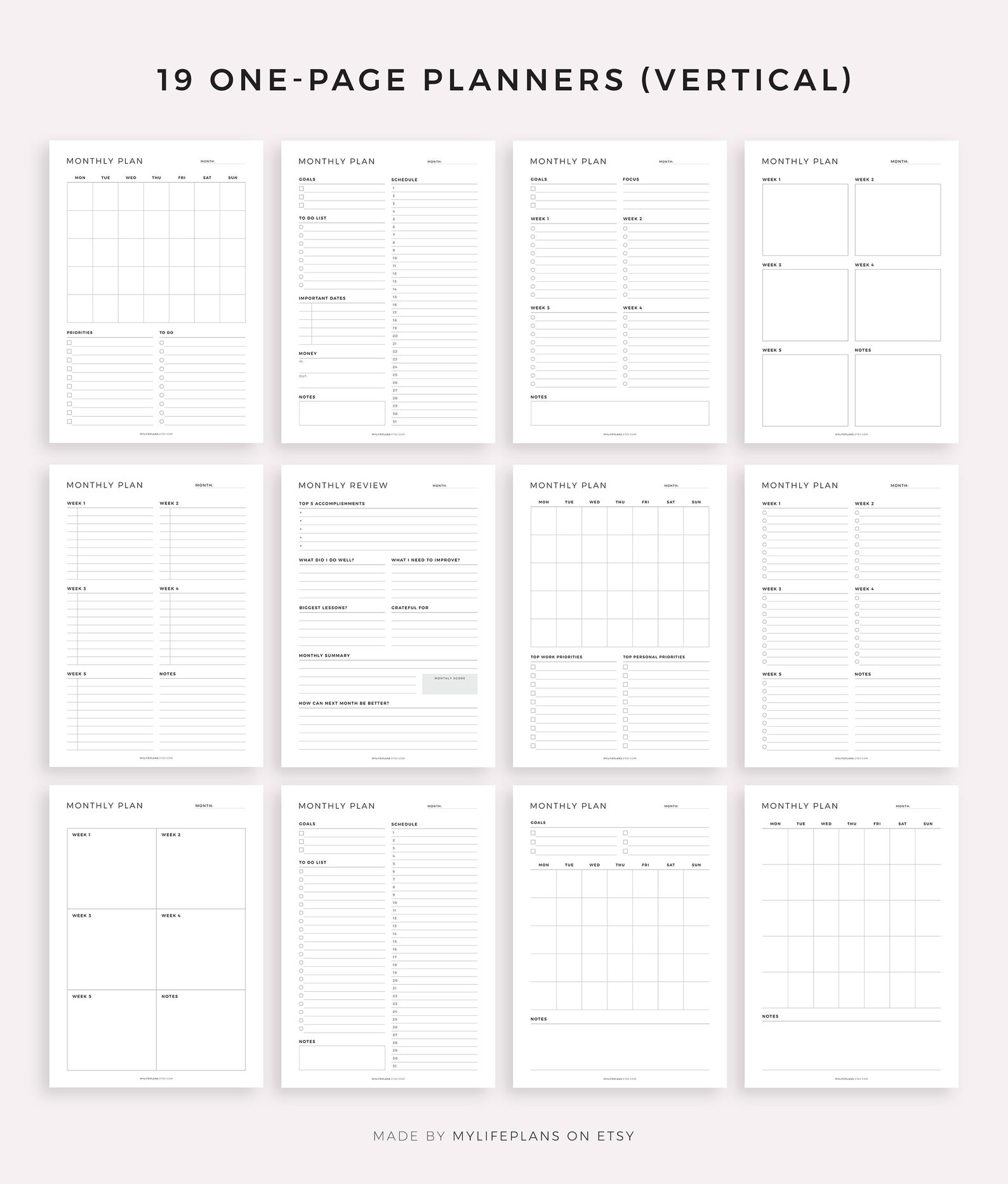 Monthly Planner Inserts Bundle Printable, Monday & Sunday Starts, A4/a5 ...