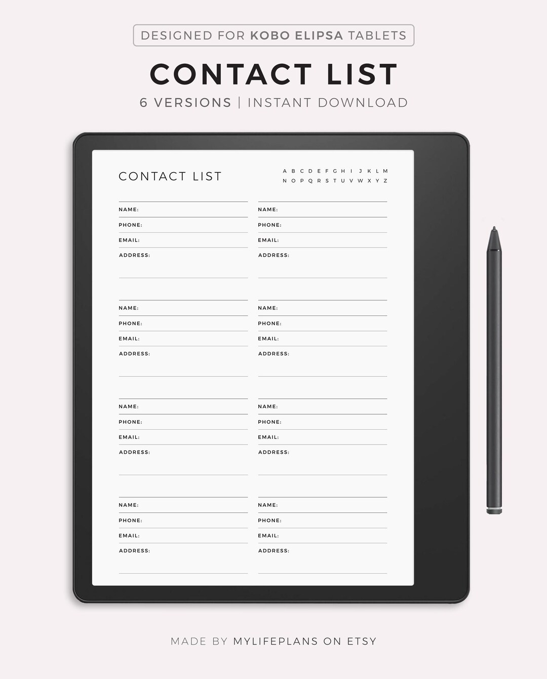 Contacts List Template for Kobo Elipsa 2e / 1, Address Book, Contact Information, Contact ...