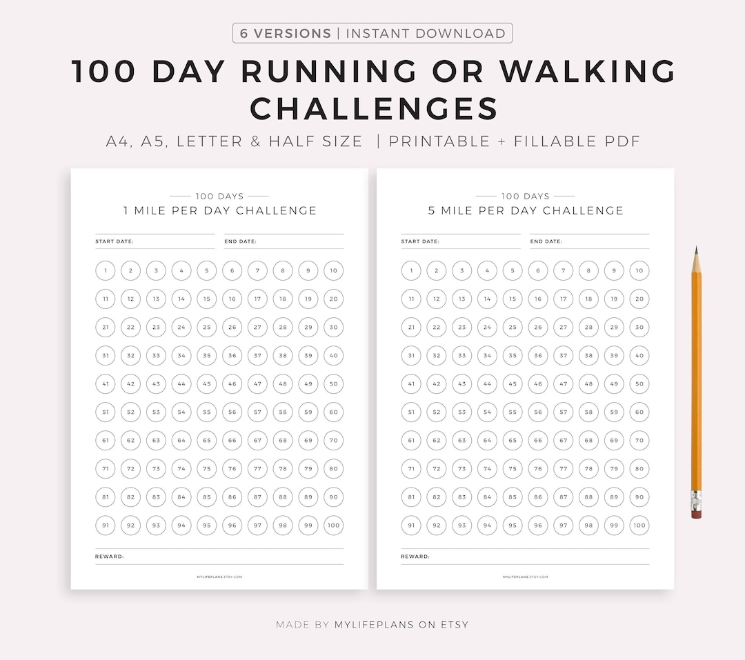 100 Day Running or Walking Challenge Printable, Daily Workout Challenge ...