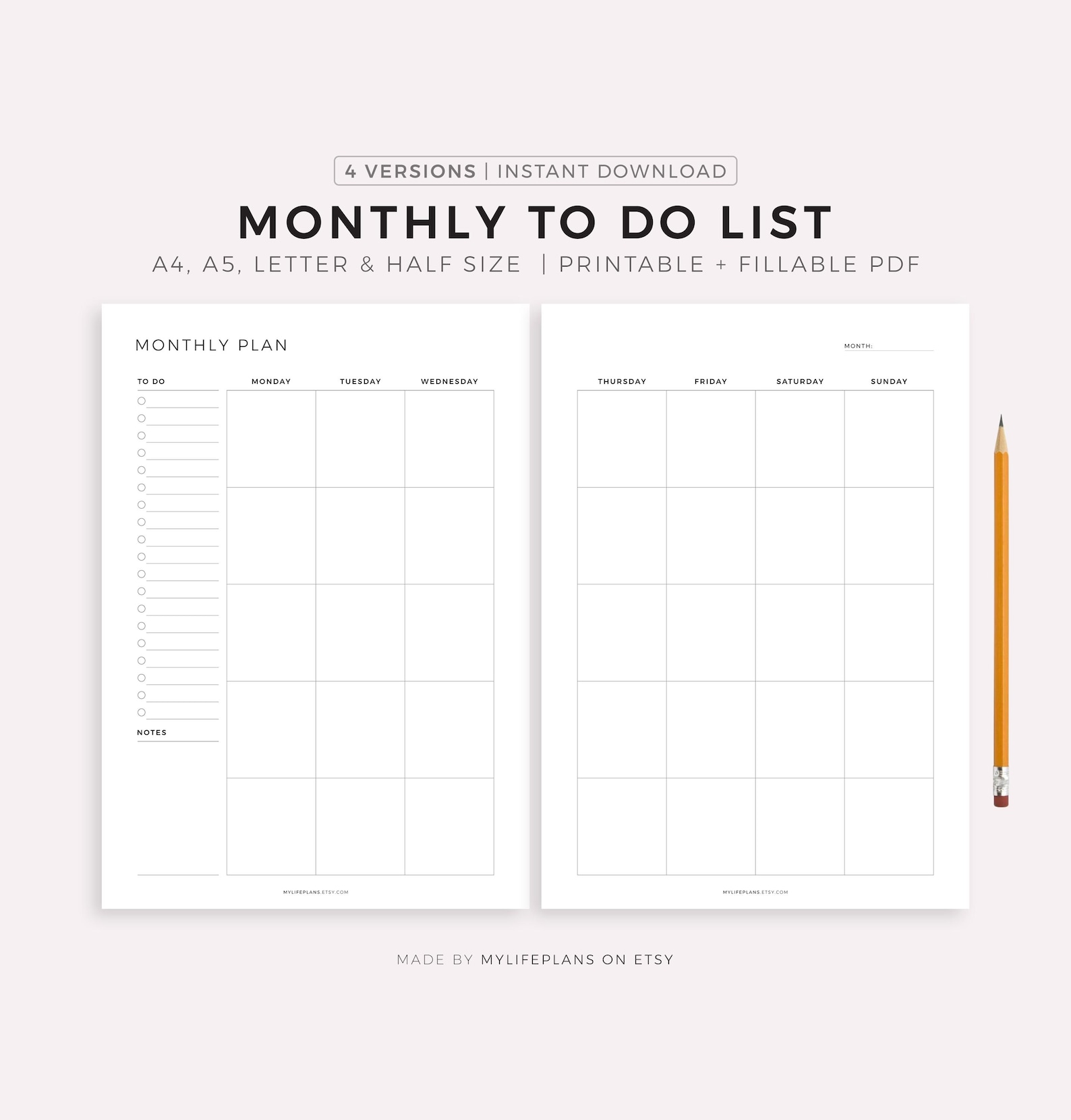 Monthly to Do List on Two Pages, Productivity Monthly Planner Printable ...