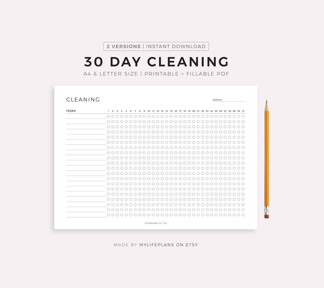 30 Day Cleaning Checklist Printable Landscape, Everyday Cleaning ...