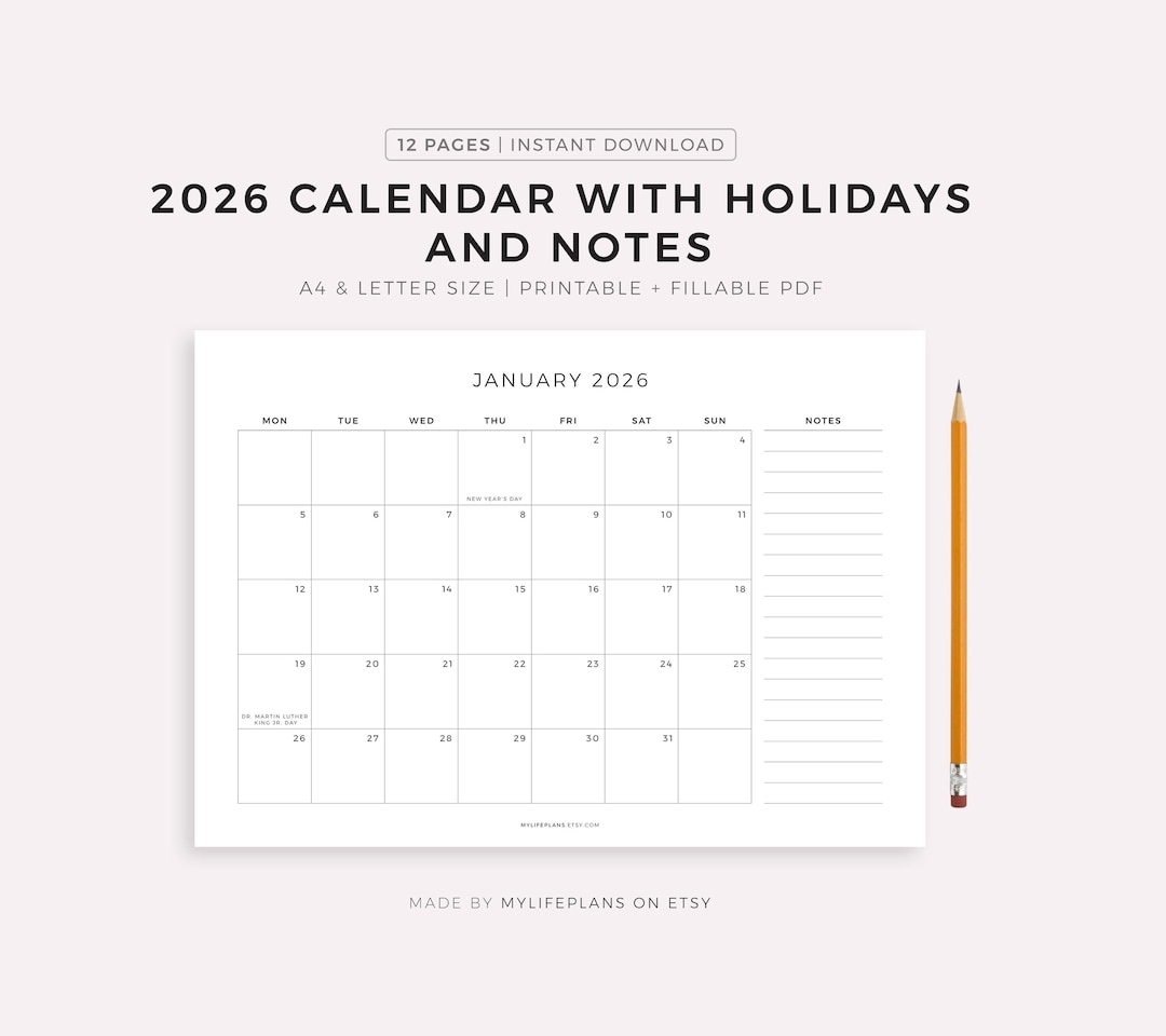 2026 Monthly Calendar With Holidays & Notes, Printable Calendar ...