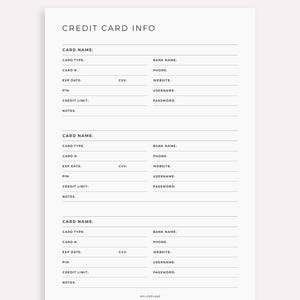 Credit Card Information Tracker, Credit Card Log, Compatible With ...