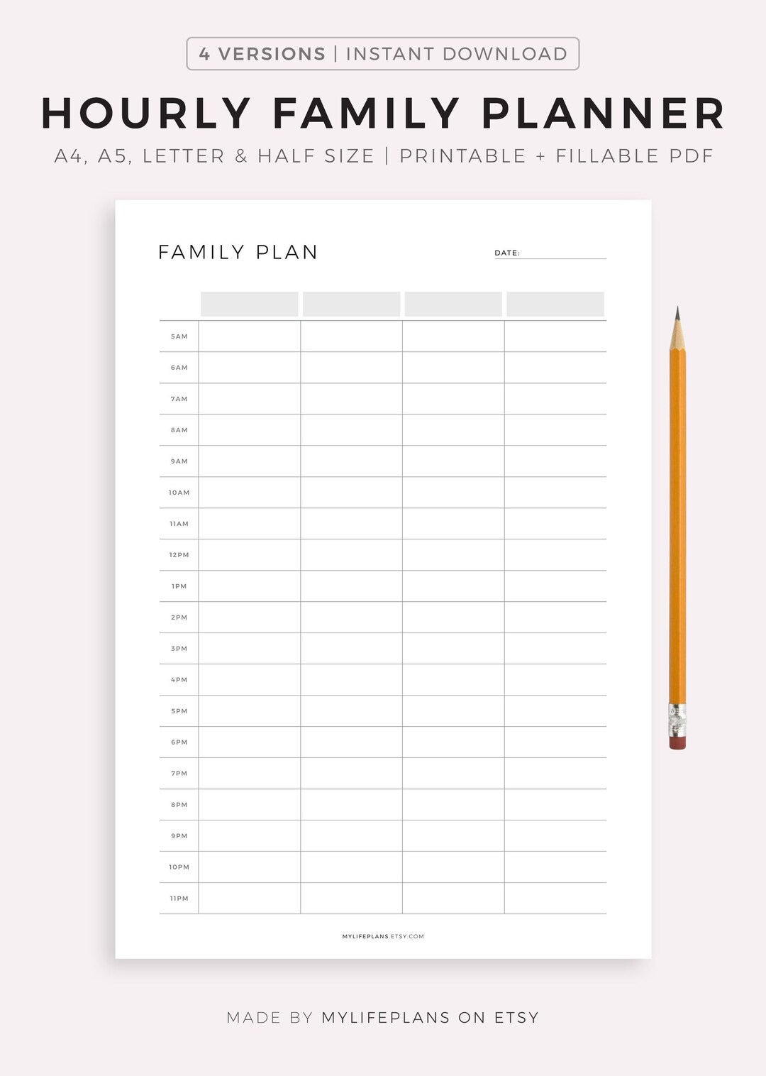 Hourly Family Planner Printable, Family Daily Planner, Family Schedule ...