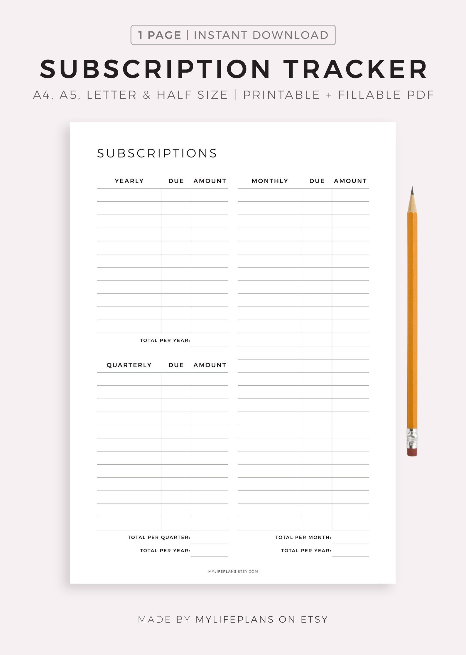 Monthly Quarterly Yearly Subscription Tracker Printable - Etsy