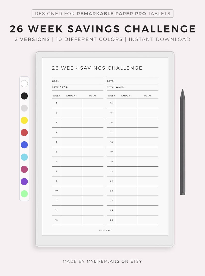 26 Week Savings Challenge for Remarkable Paper Pro, Instant Download - Etsy