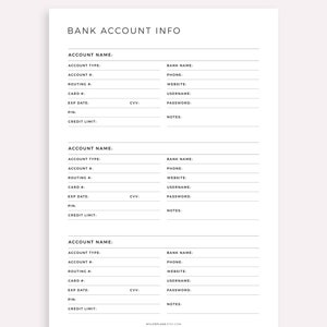 Bank Accounts Tracker Printable Template, Bank Account List, Bank ...