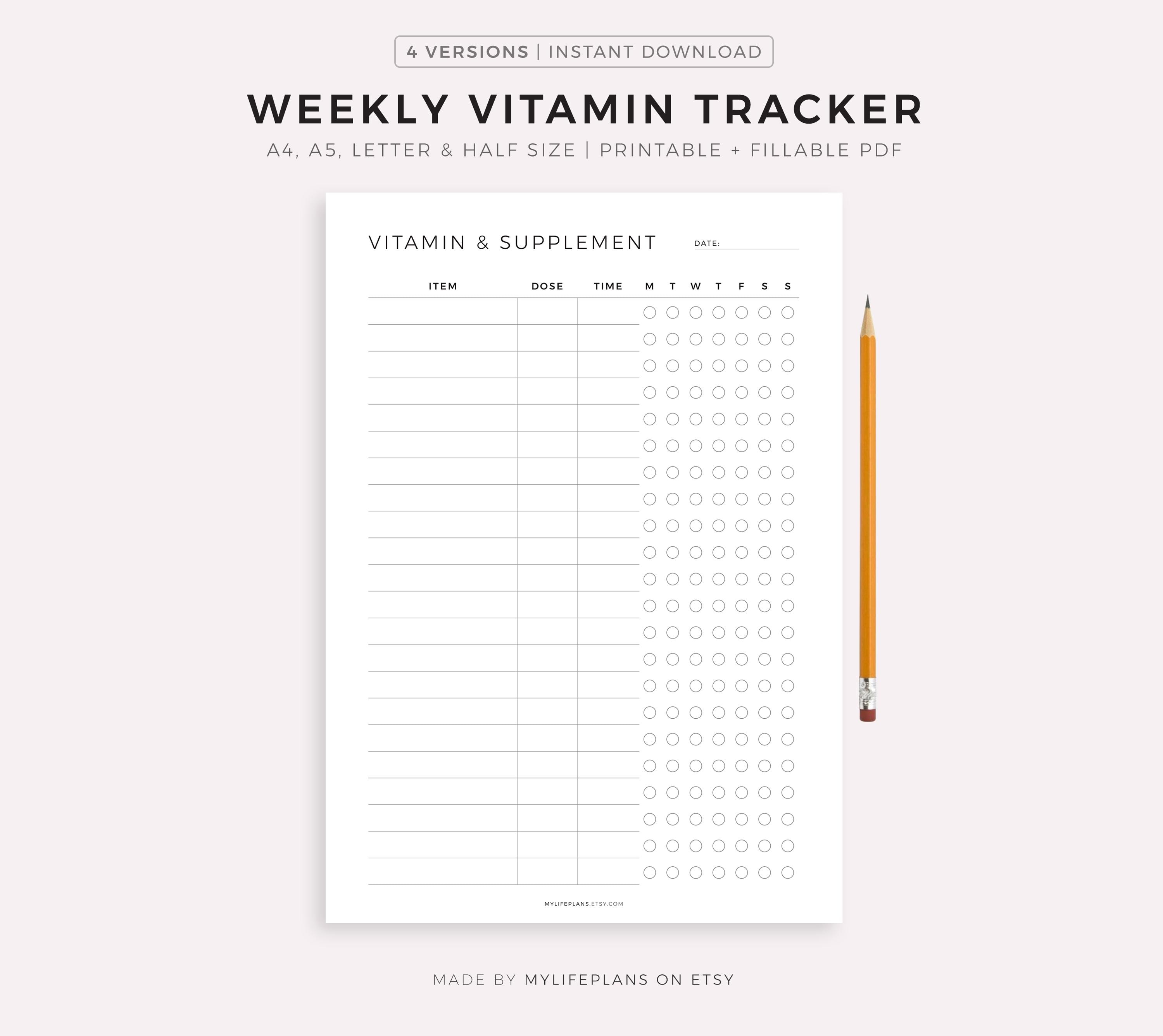 Weekly Vitamin Tracker Printable, Supplement Checklist, Daily Vitamin ...