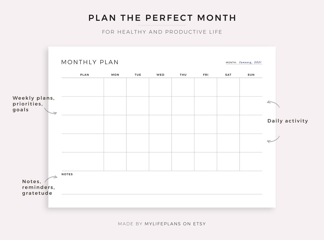 Undated Monthly Planner Printable Landscape, Monthly Agenda, Monthly ...