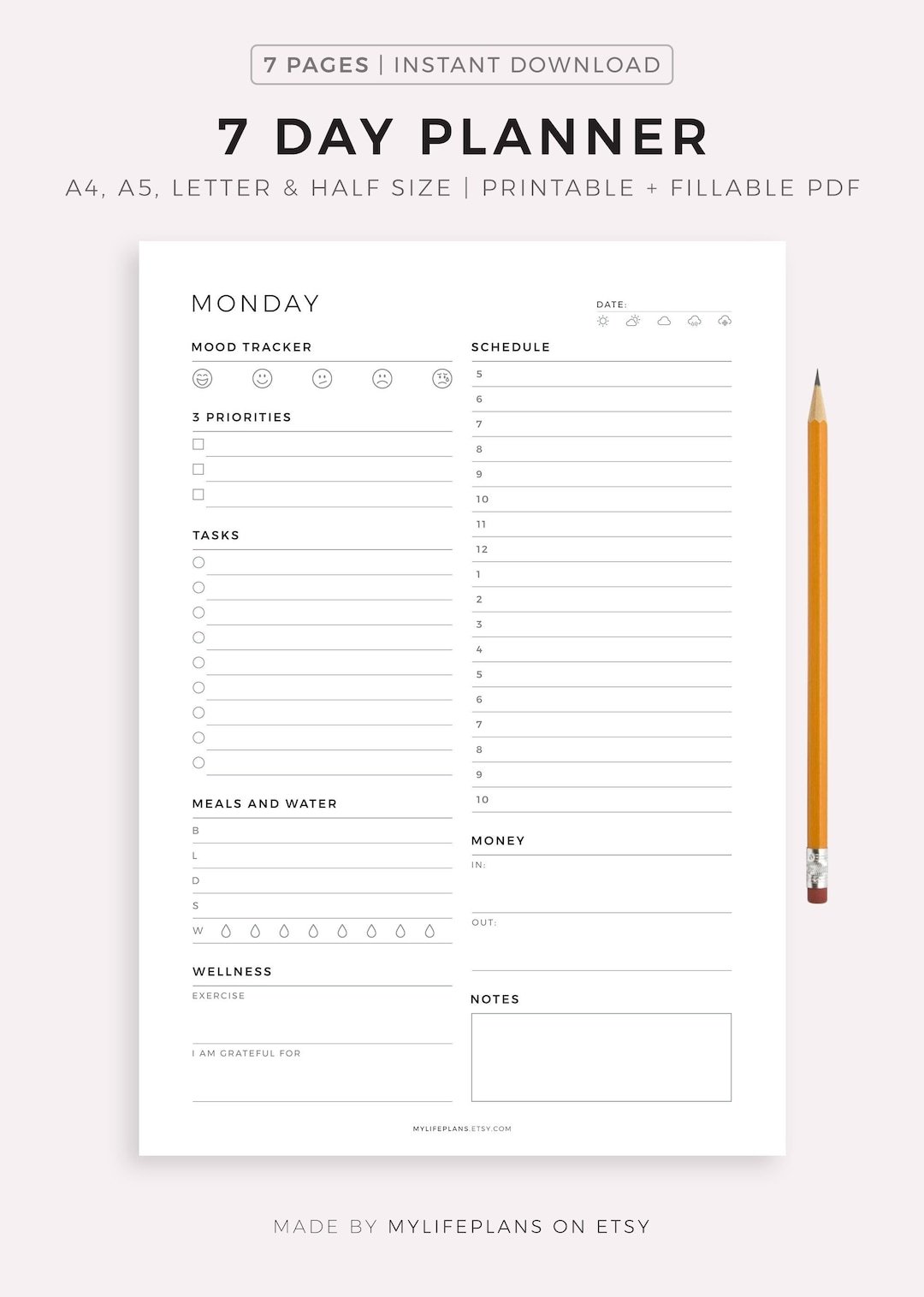 7 Day Planner Printable Daily Planner Weekly Planner Daily - Etsy