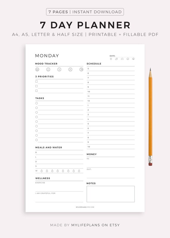 7 Day Planner Printable Daily Planner Weekly Planner Daily - Etsy