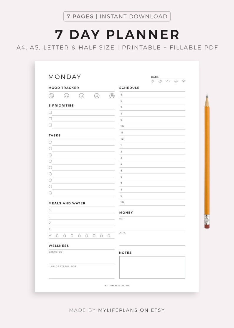 7 Day Planner Printable Daily Planner Weekly Planner Daily - Etsy