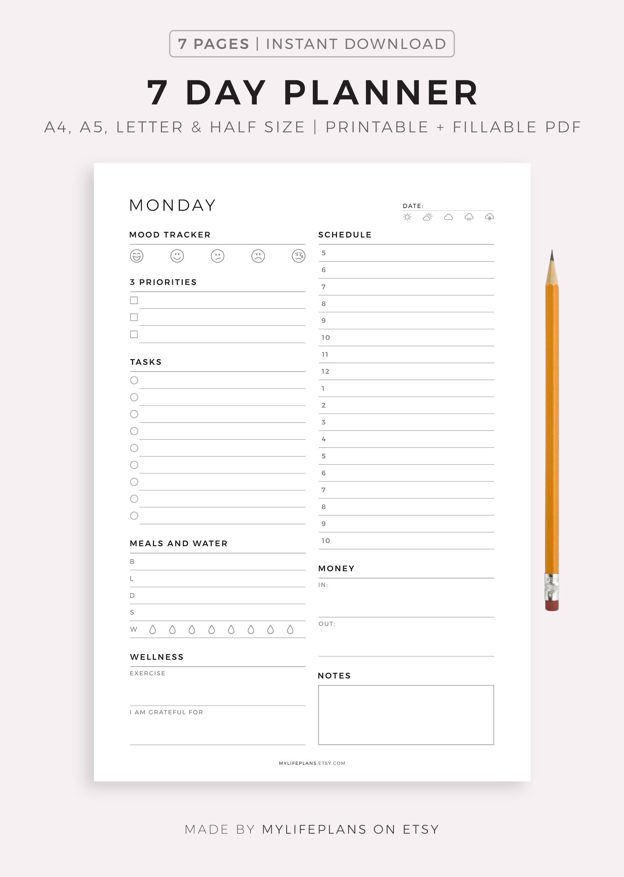 7 Day Planner Printable Daily Planner Weekly Planner Daily - Etsy
