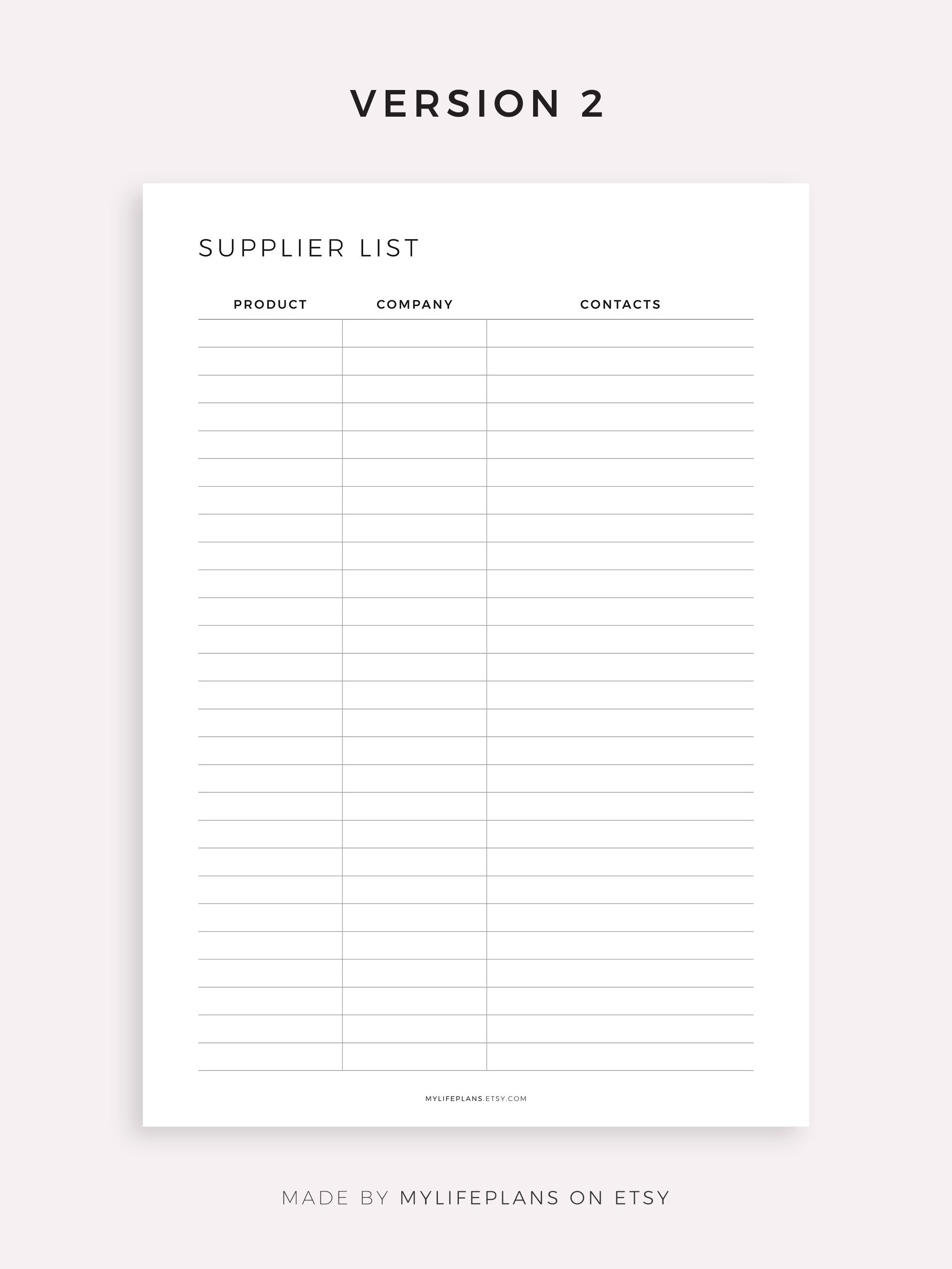Supplier List Printable, Supplier Information Log, Supplies Vendor ...