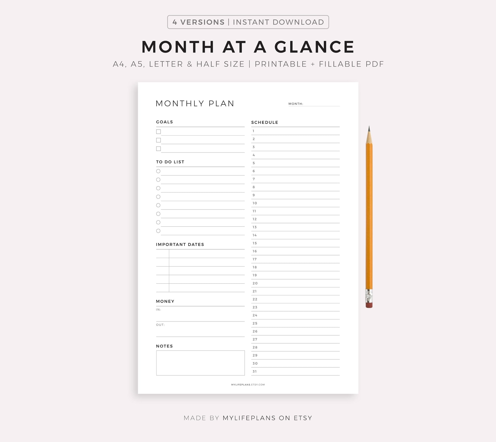 Month at a Glance - Monthly Goals, Monthly to Do List, Important Dates ...