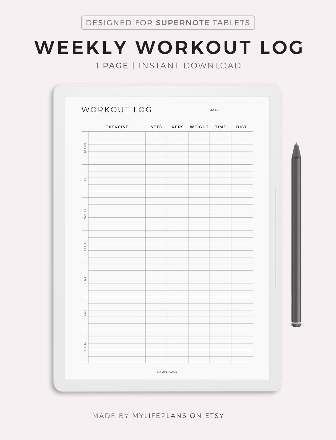 Weekly Workout Log for Supernote A5X2/A5X/A5/A6X2/A6X/A6, Daily Workout ...