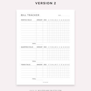 Monthly, Quartly, Yearly Bill Tracker on One Page, Bill Payment ...