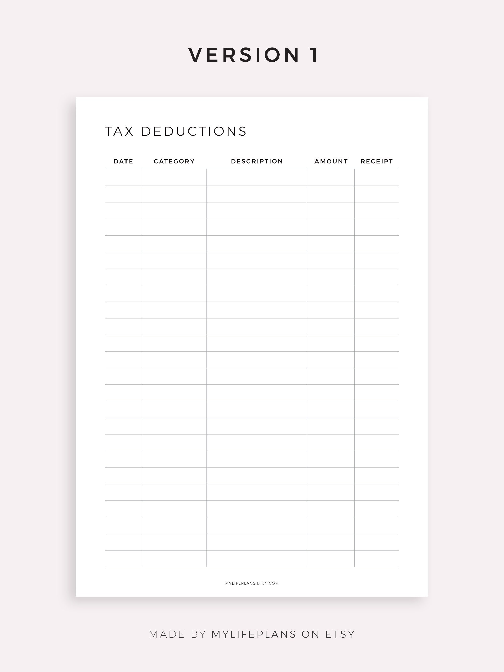 Printable Tax Deduction Tracker Business Tax Log Purchase - Etsy