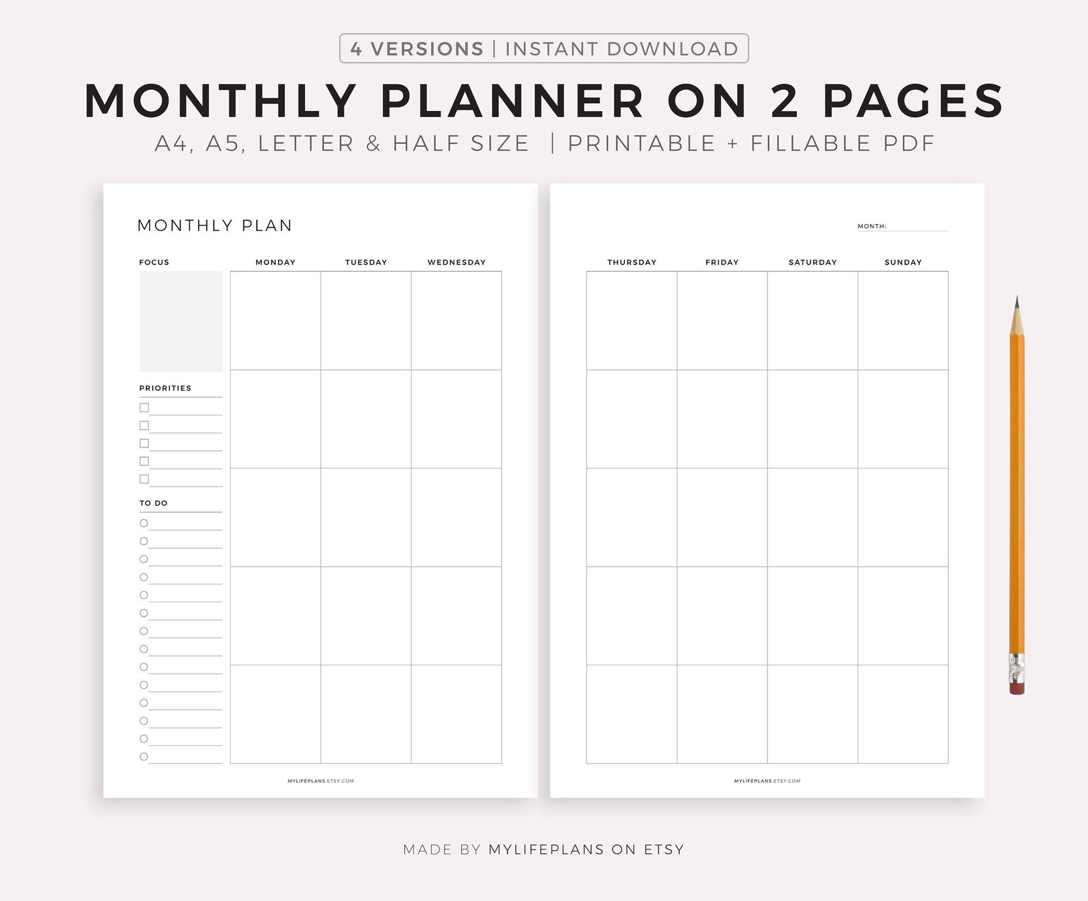 Printable Monthly Planner on Two Pages Month at a Glance - Etsy