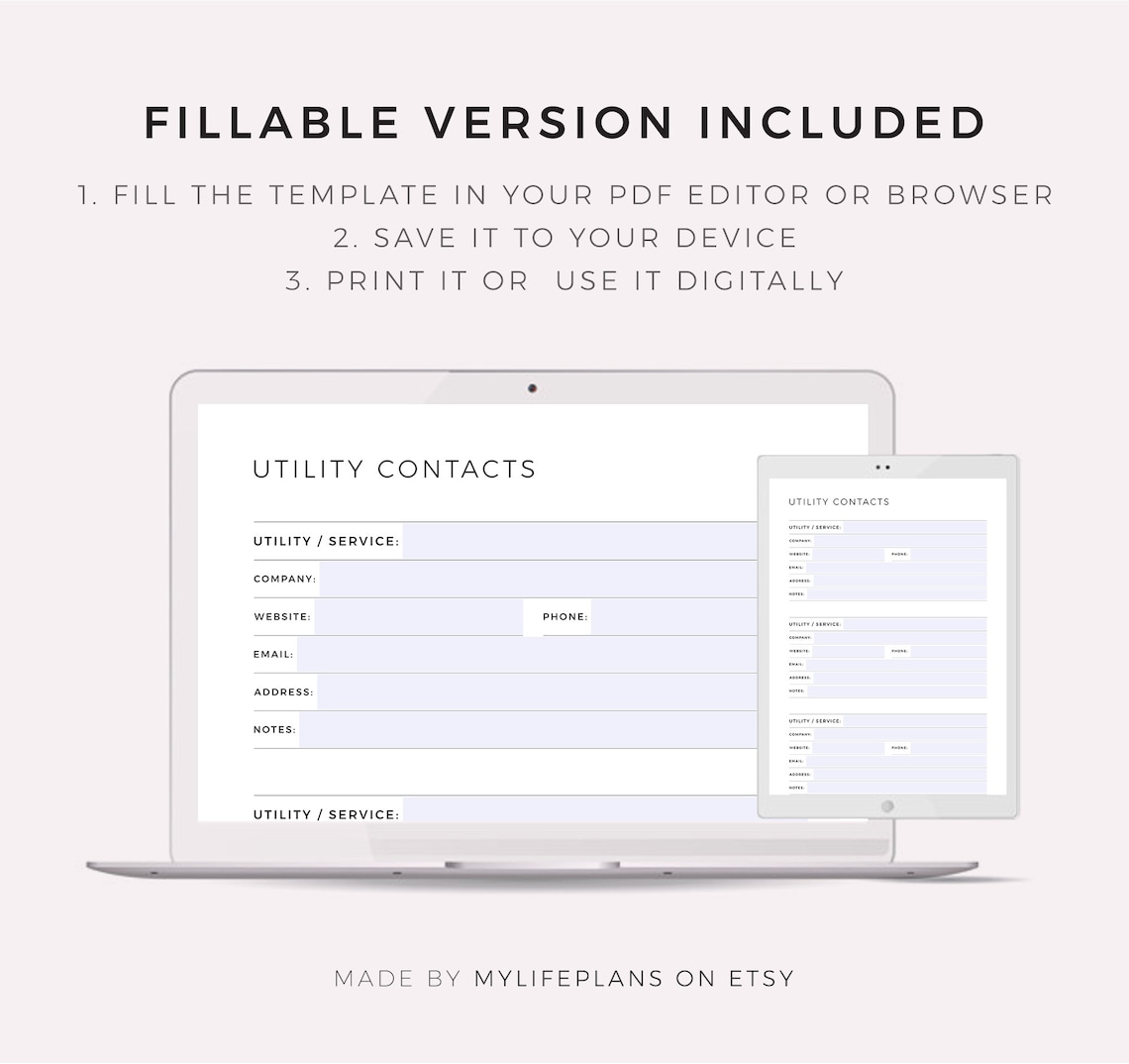 Printable Utility Contacts Template, Service Provider Contact List ...