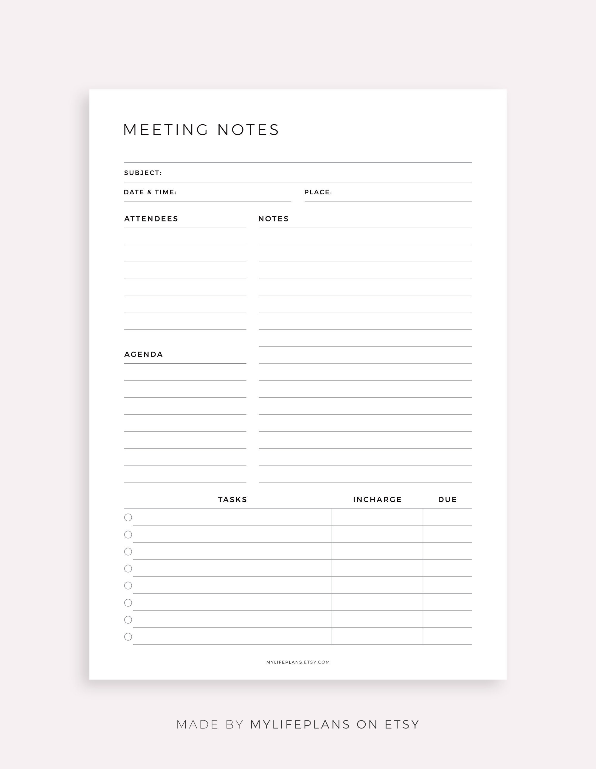 Meeting Notes Template Printable, Meeting Minutes, Meeting Agenda ...