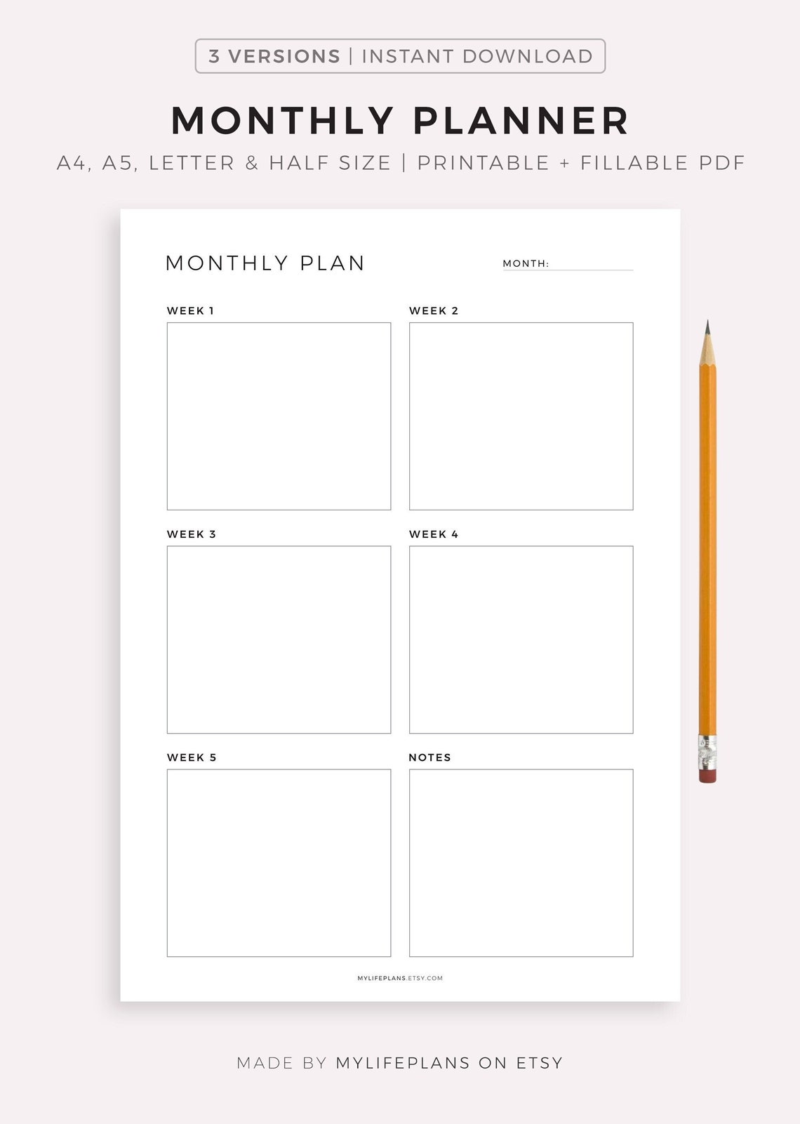 Minimalist Monthly Planner Printable Month at a Glance | Etsy