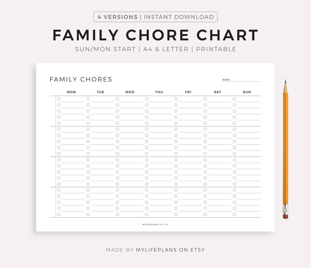 Family Chore Chart Printable Landscape, Weekly Household Chores for ...
