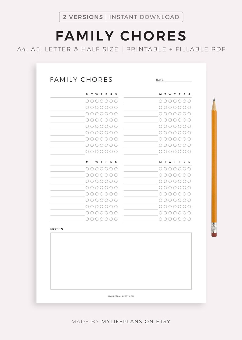 Weekly Family Chores Printable House Responsibilities 4 6 - Etsy