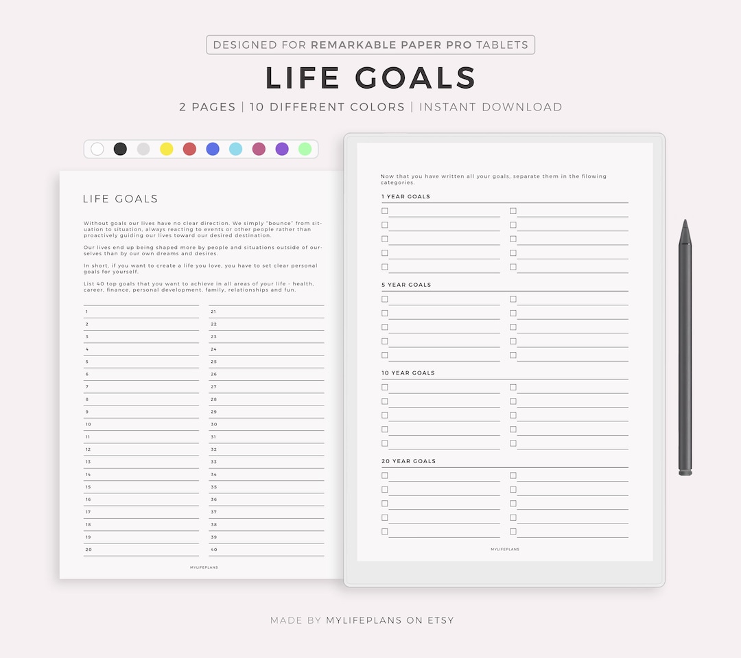 Life Goals Planner for Remarkable Paper Pro, Goal Setting, Life Vision ...