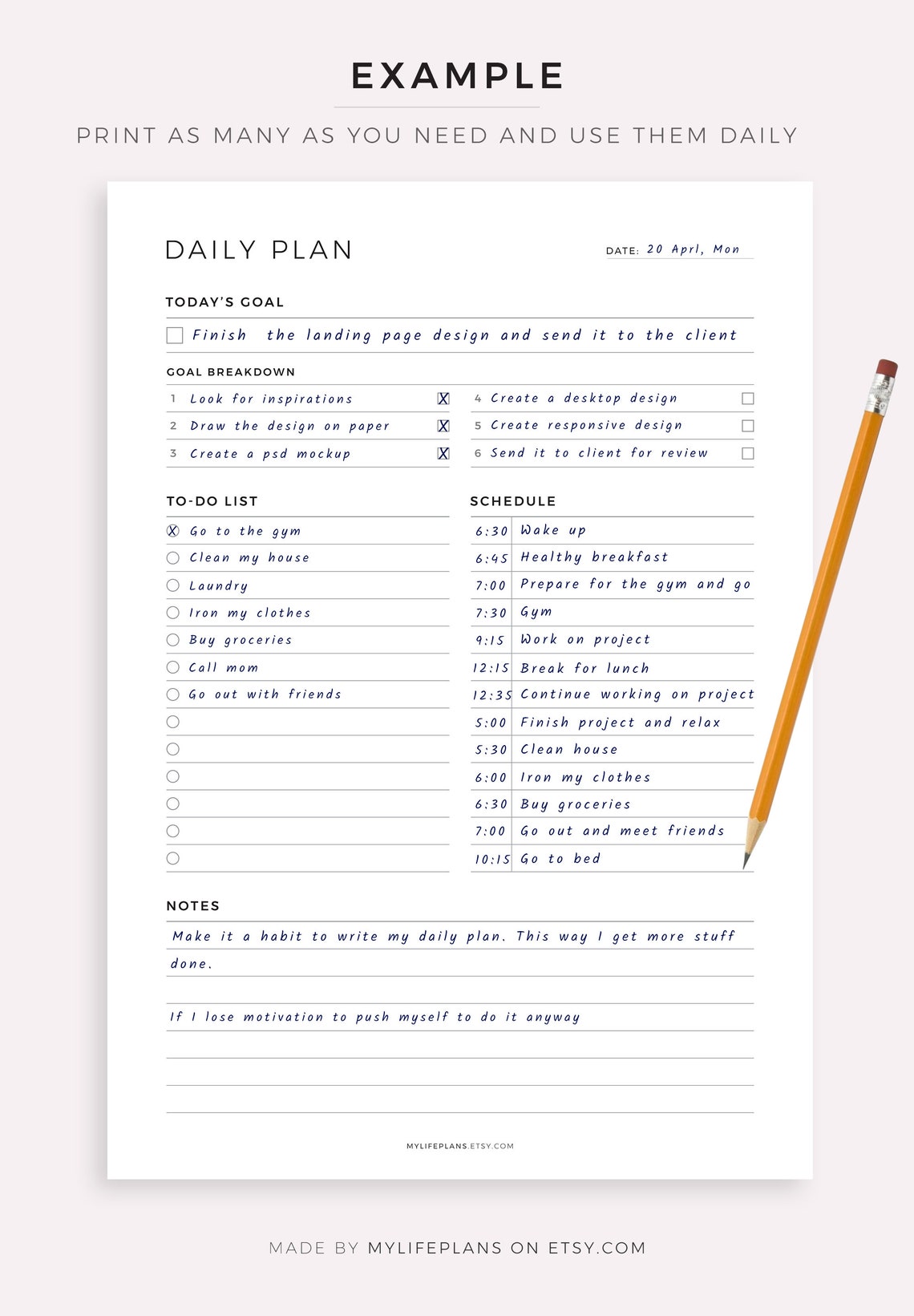 Daily Goal Planner Daily to Do List Printable Daily Planner - Etsy