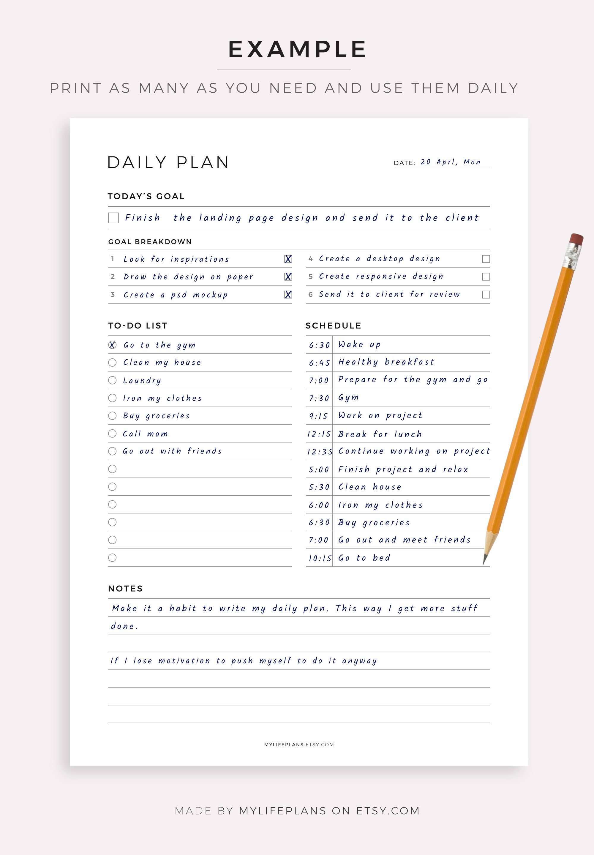 Daily Goal Planner, Daily to Do List Printable, Daily Planner Inserts ...