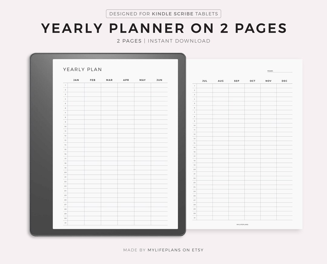 2 Page Yearly Planner, Year at a Glance, Yearly Agenda, 12 Month ...
