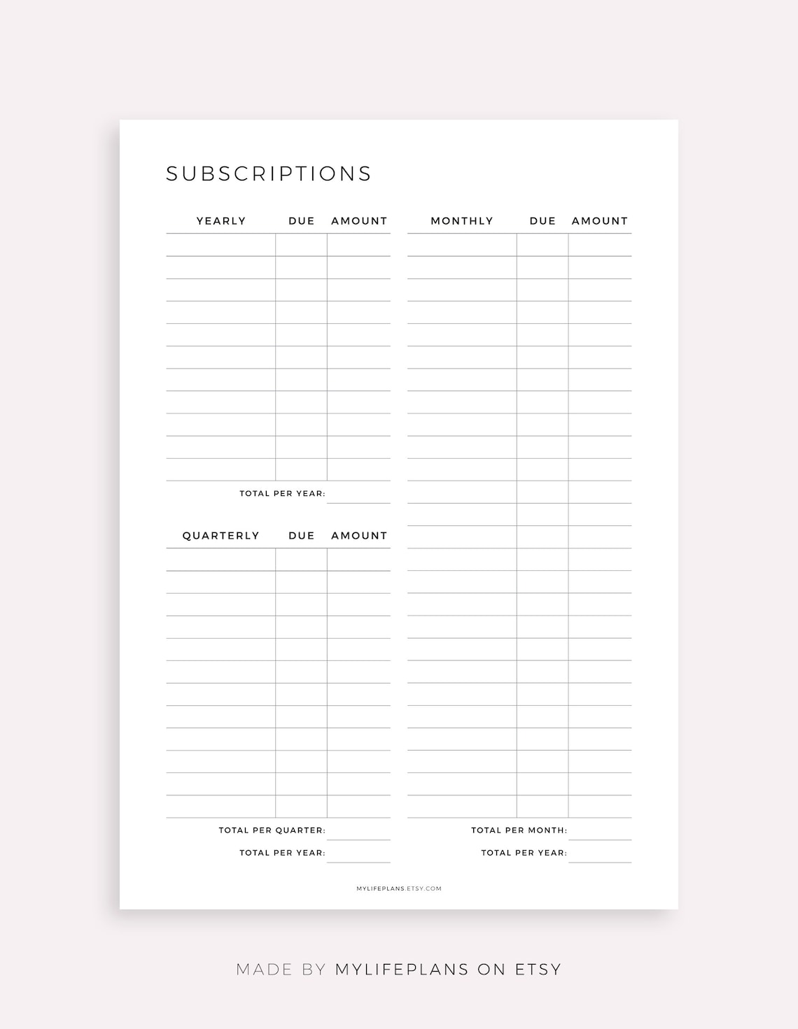Monthly Quarterly Yearly Subscription Tracker Printable - Etsy
