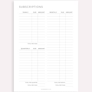 Monthly, Quarterly, Yearly Subscription Tracker Printable, Membership ...