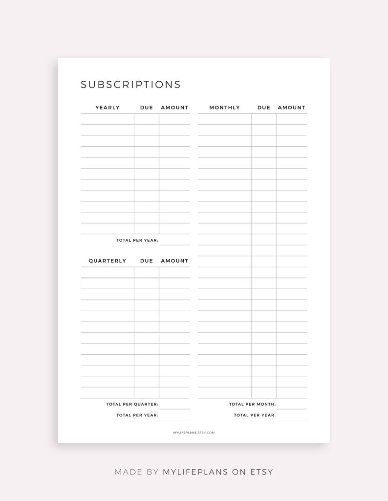 Monthly, Quarterly, Yearly Subscription Tracker Printable, Membership ...
