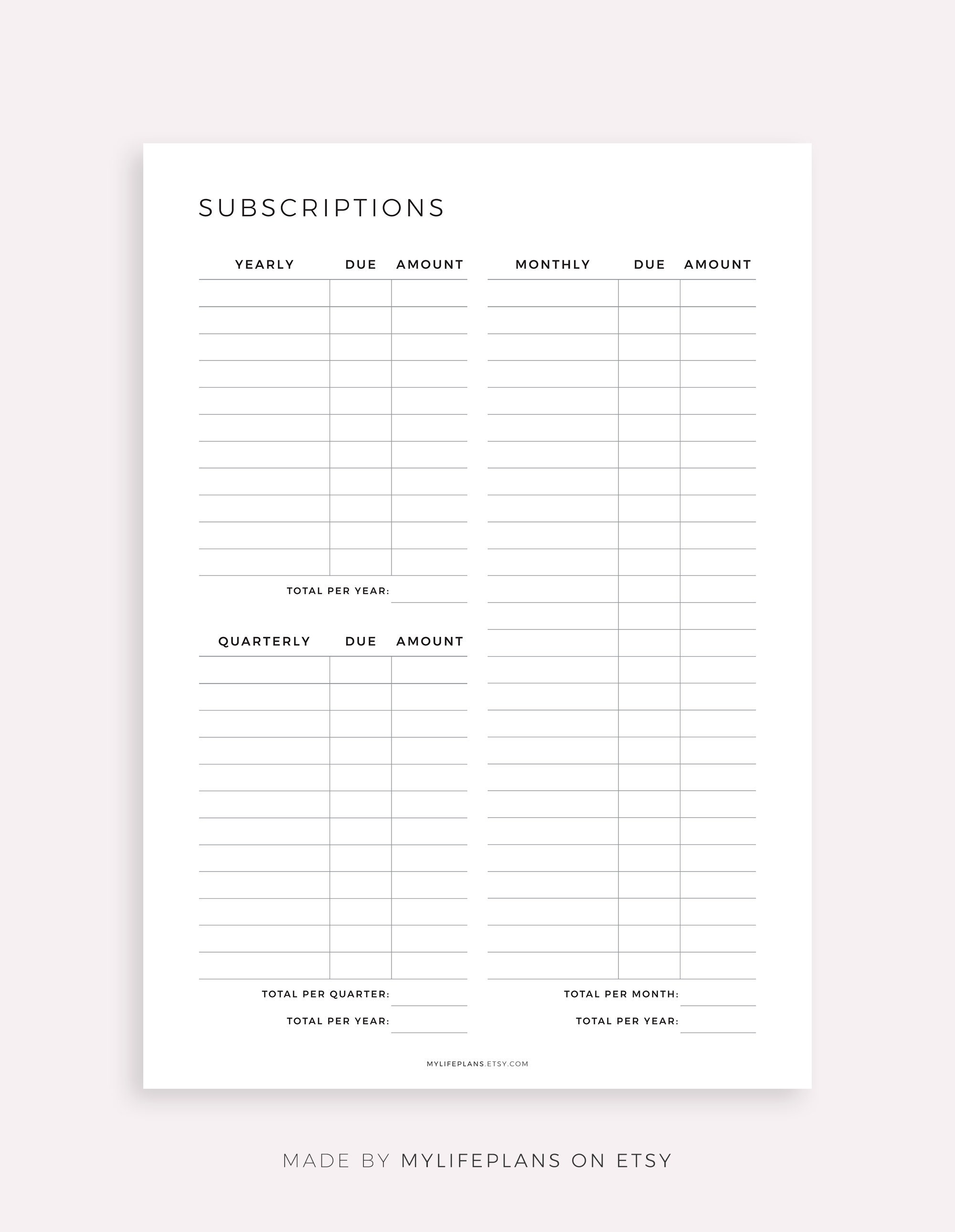 Monthly, Quarterly, Yearly Subscription Tracker Printable, Membership ...
