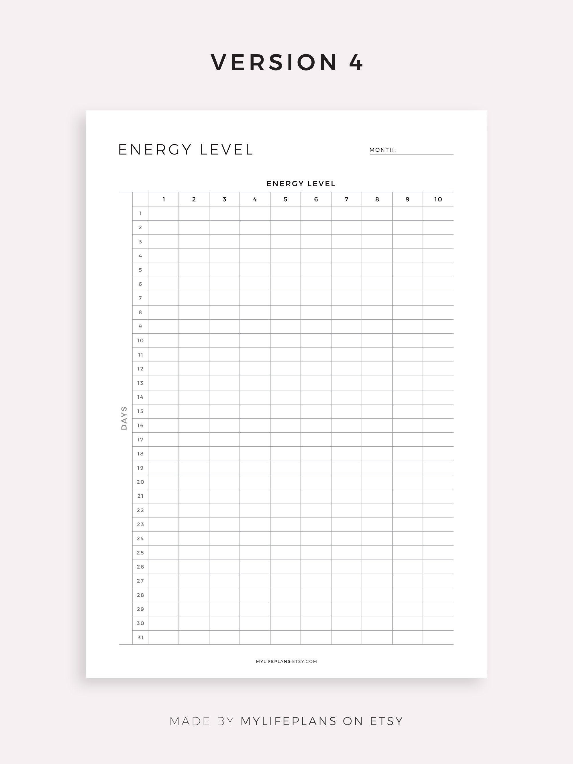 Daily Energy Level Tracker Printable Track Monthly Energy - Etsy