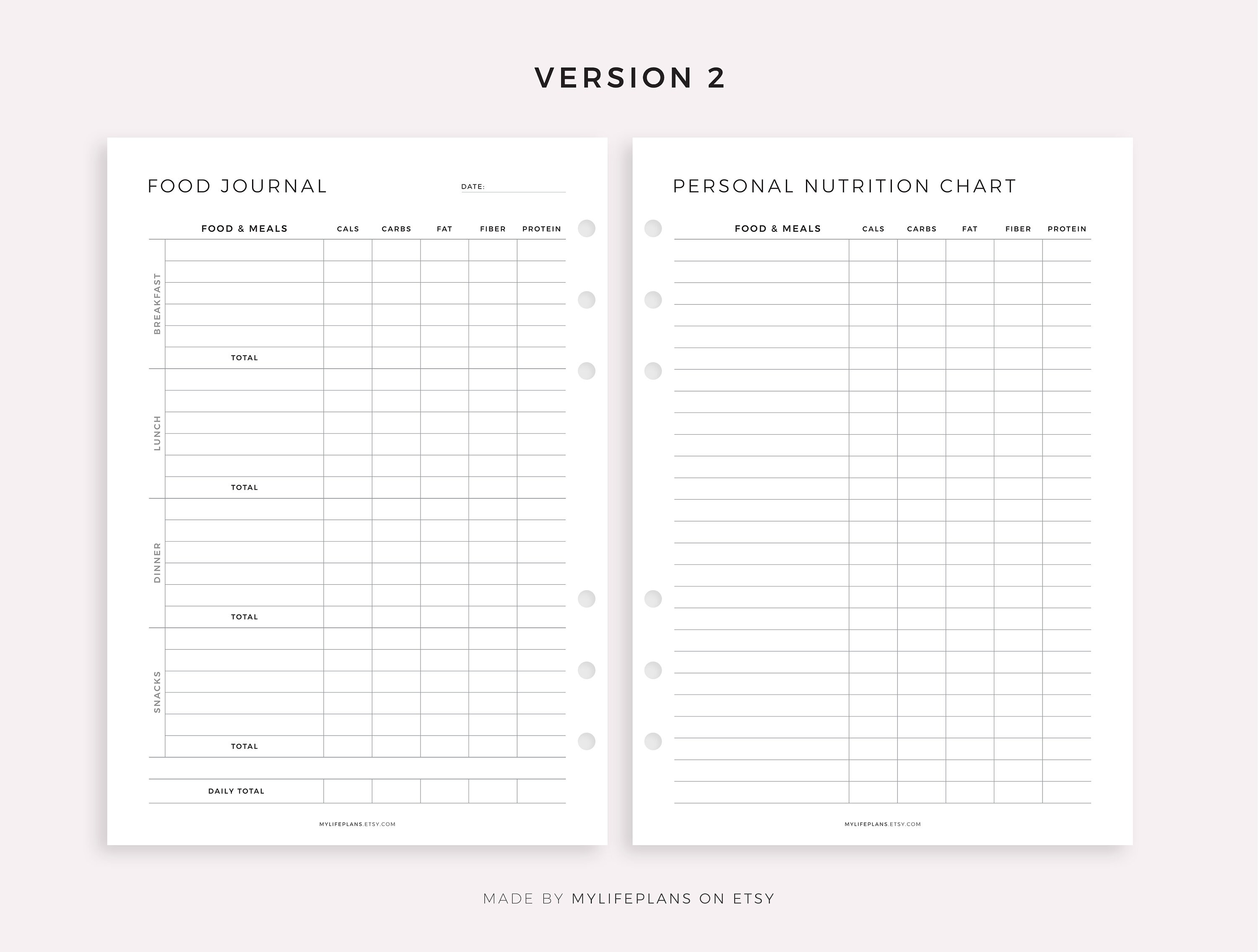 Daily Food Journal & Nutrition Chart Printable Template, Food Log, Meal ...
