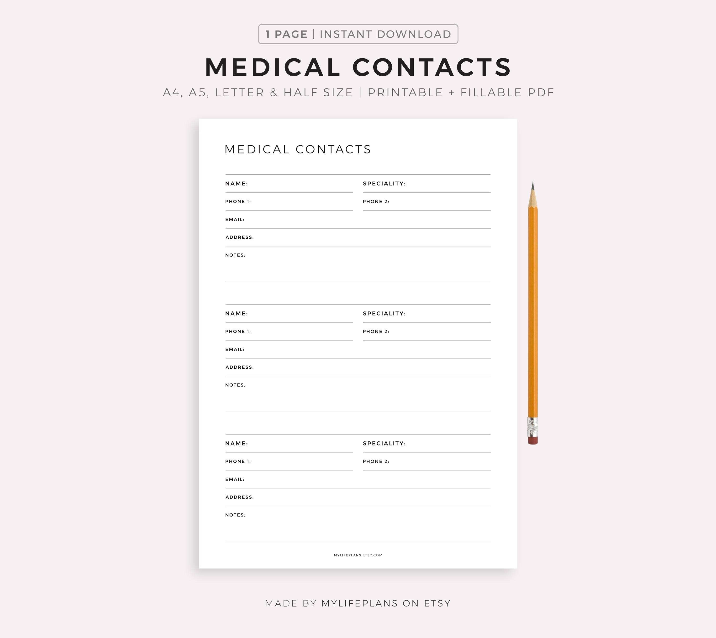 Medical Contacts List Template, Healthcare Contacts, Doctor Contacts ...