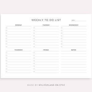 Five Day Week to Do List Printable Landscape, Weekly Task List, Week at ...
