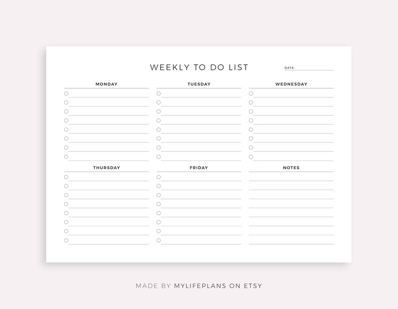 Five Day Week to Do List Printable Landscape Weekly Task - Etsy