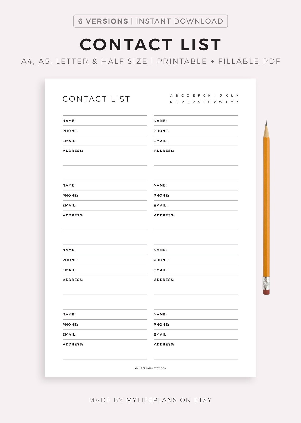 Contacts List Printable Address Book Contact Information - Etsy