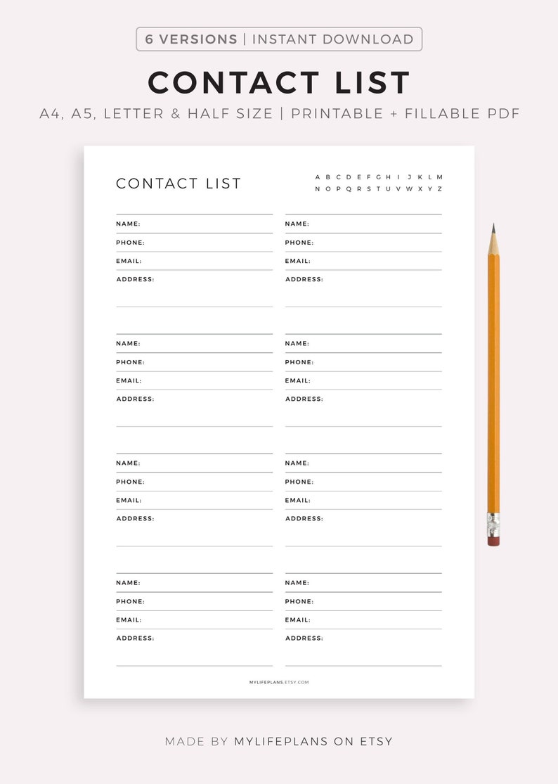 Contacts List Printable Address Book Contact Information - Etsy