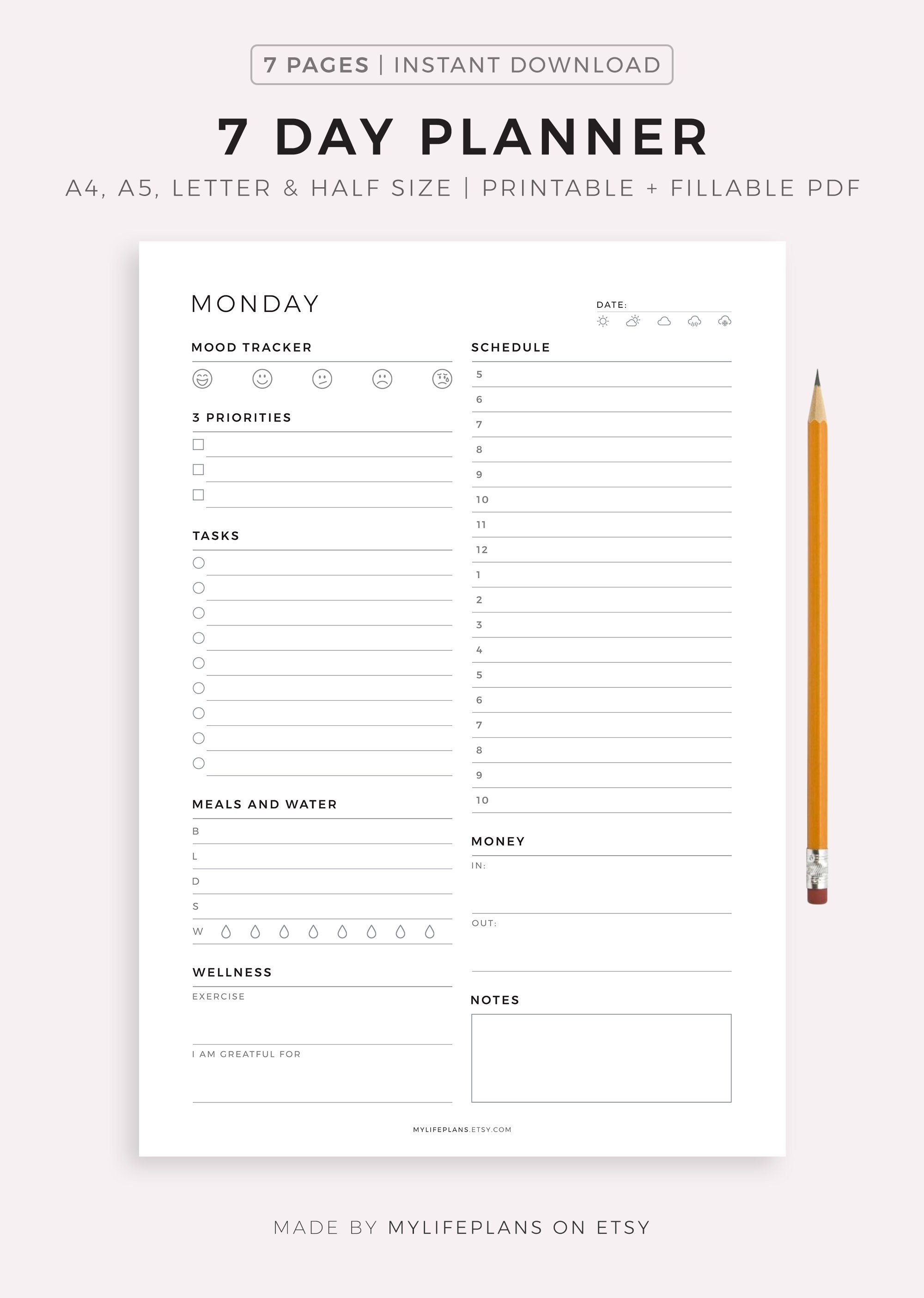 7 Day Planner Printable Daily Planner Weekly Planner Daily | Etsy Australia