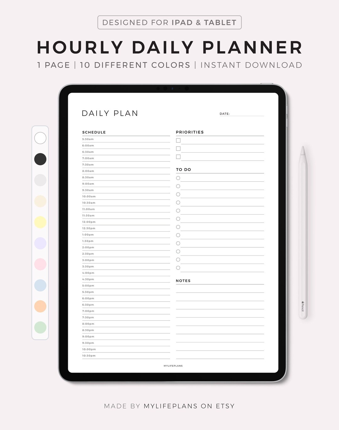 Hourly Daily Planner, Daily to Do List, Undated Digital Planner ...