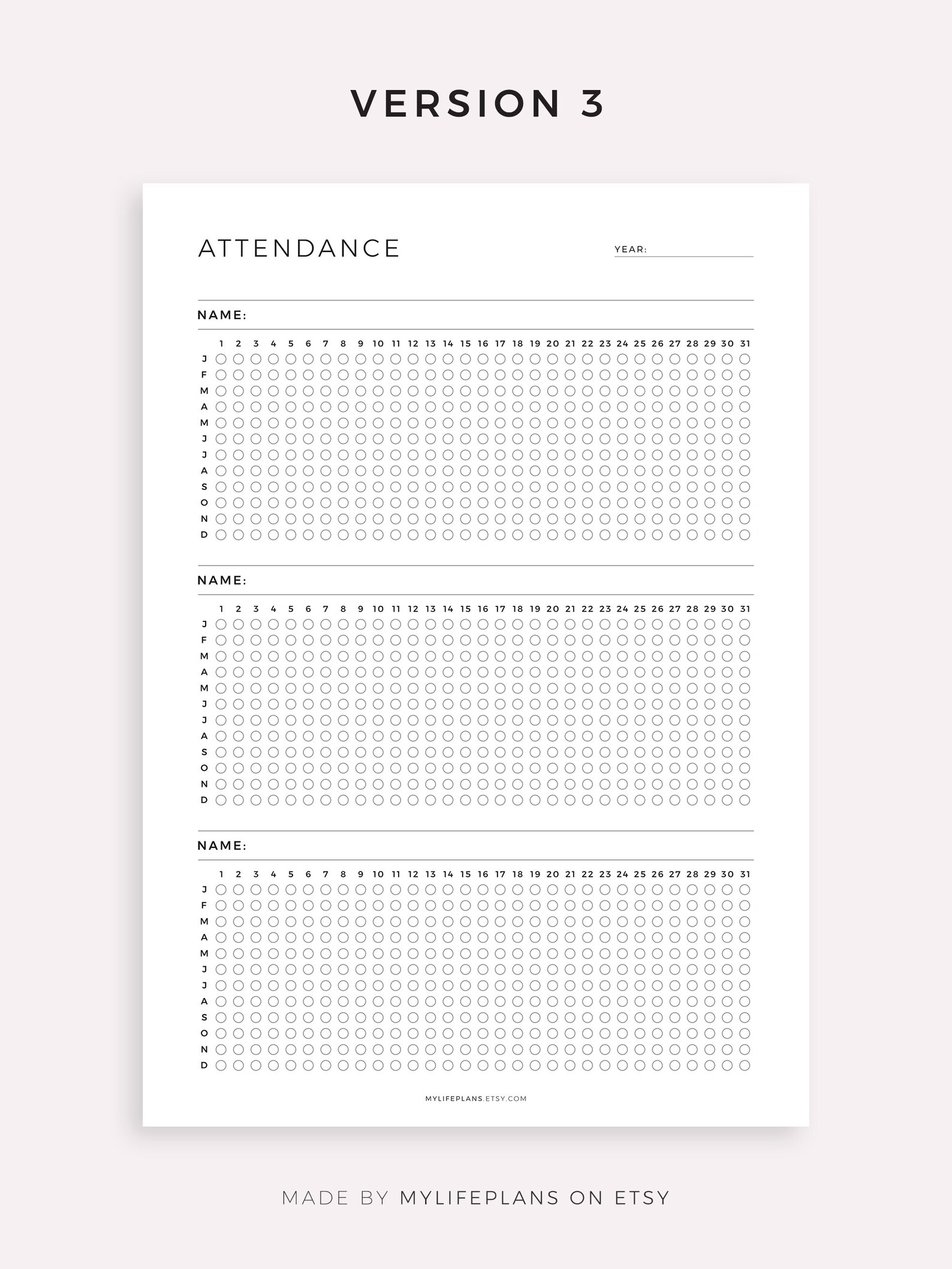 Yearly Employee Attendance Log Printable - Working Days, Days Off ...